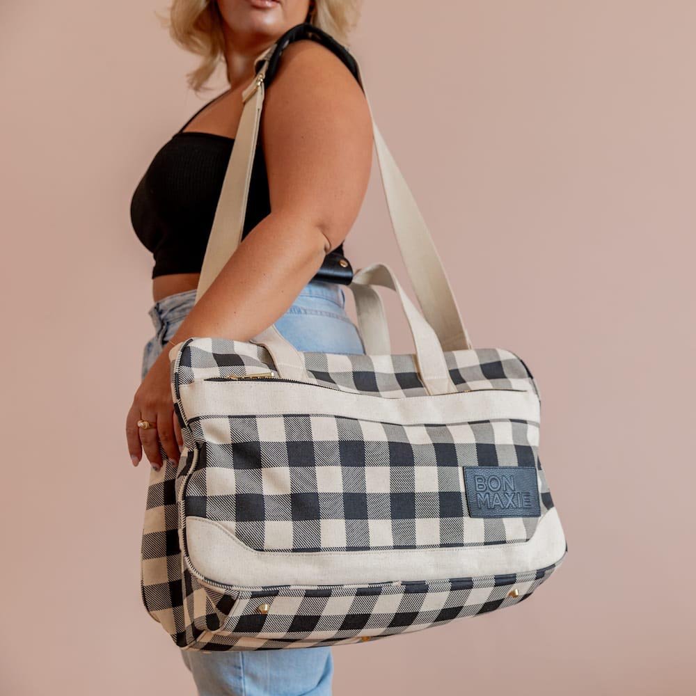 Bon Voyage Weekender Bag - Black Gingham - Canvas Overnight Bag - BON MAXIE
