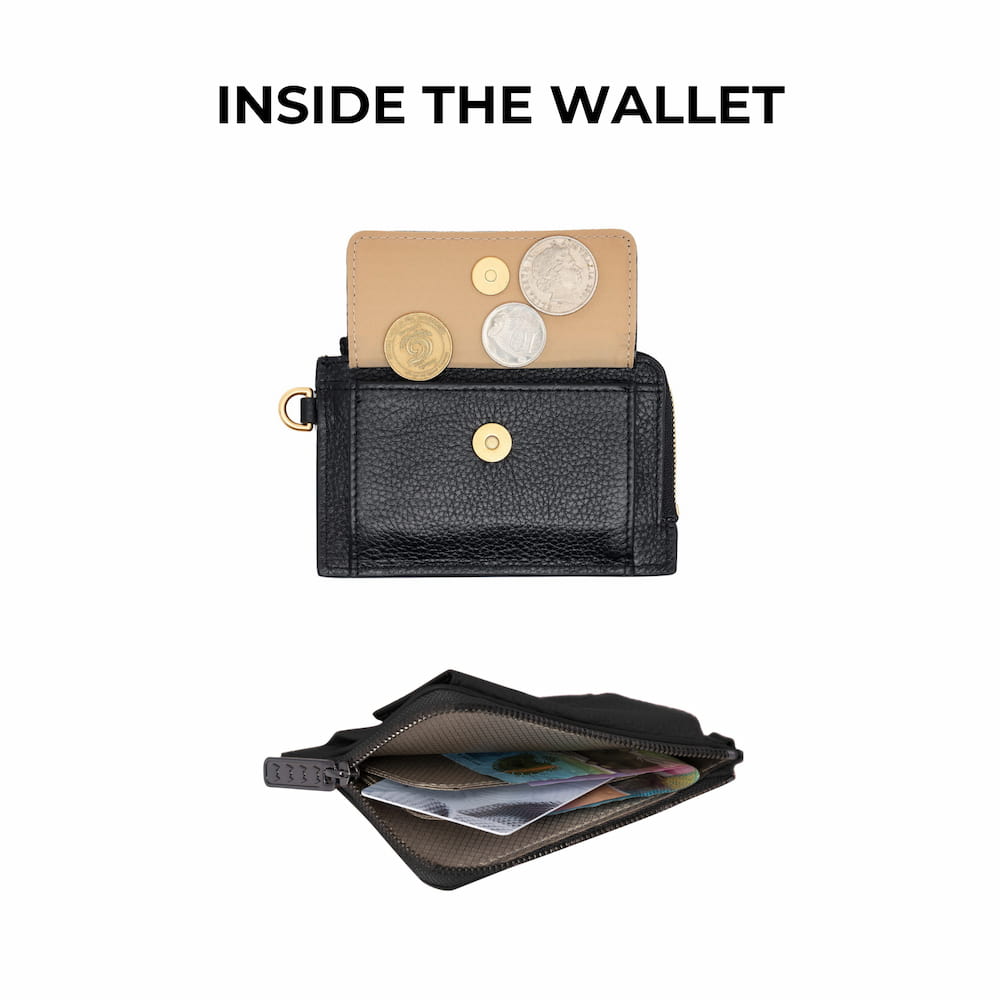 Leather Mini Wallet, Black, Small Zip Compact Slim Wallet | BON MAXIE