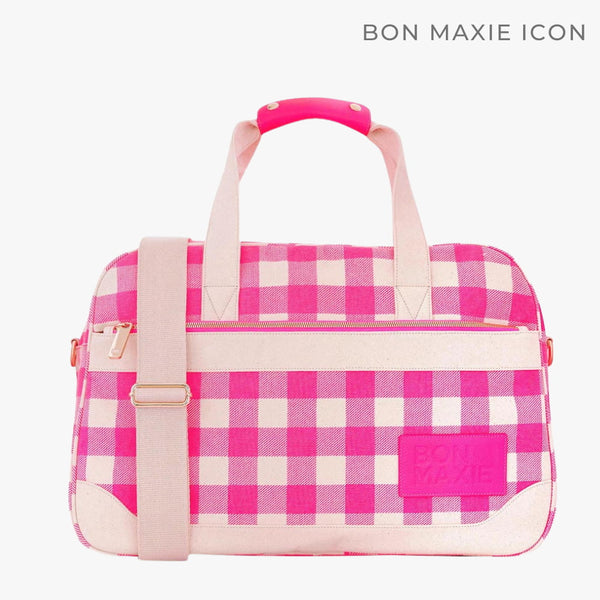 Bon Voyage Weekender Bag - Neon Pink Gingham - Canvas Overnight Bag ...