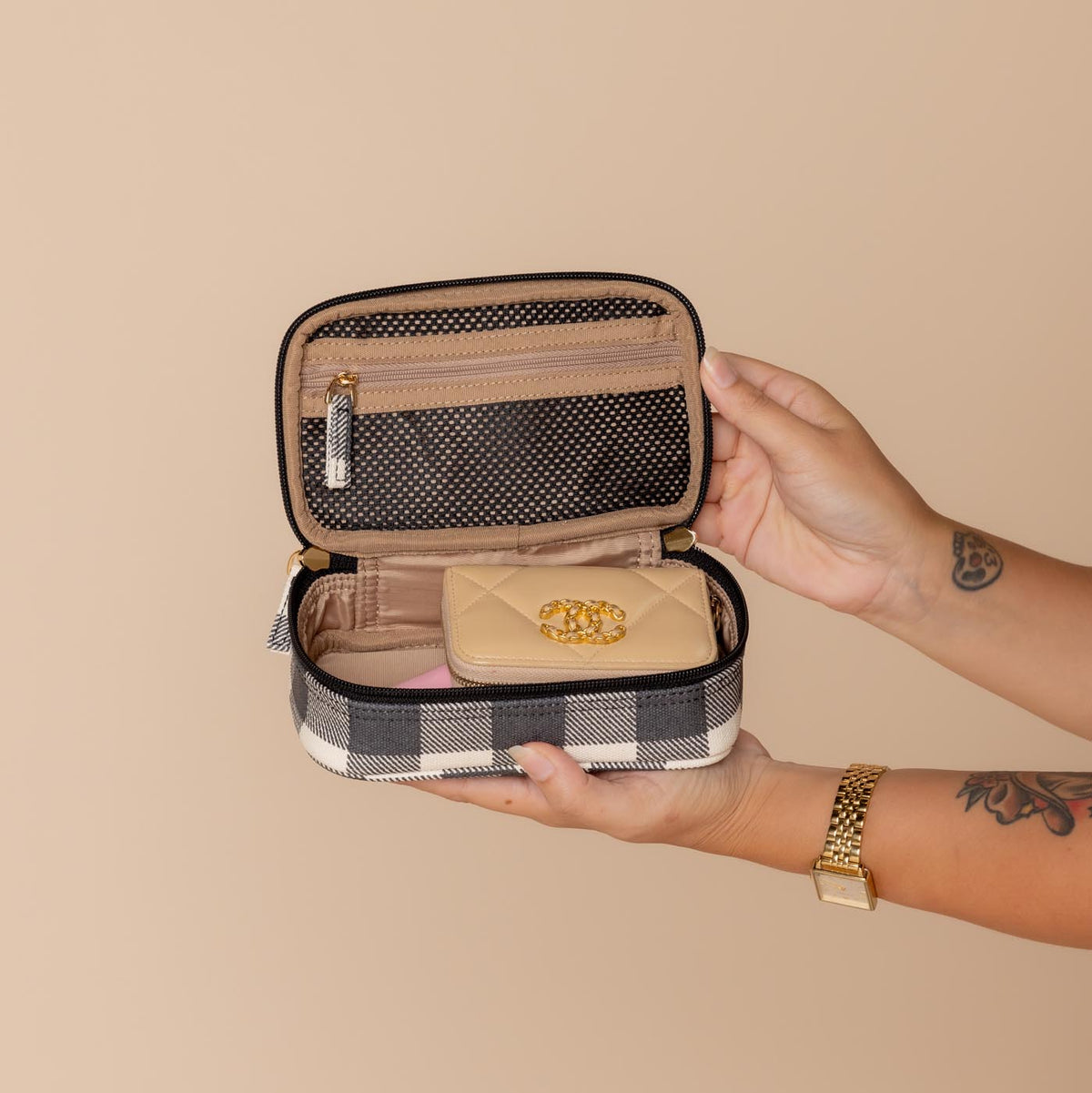 Black Gingham Canvas Case with Handle - Bag Organisers - BON MAXIE