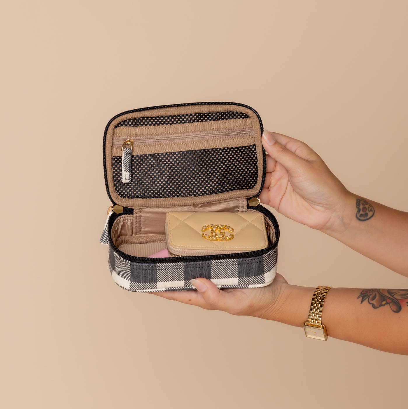 Black Gingham Canvas Case with Handle - Bag Organisers - BON MAXIE