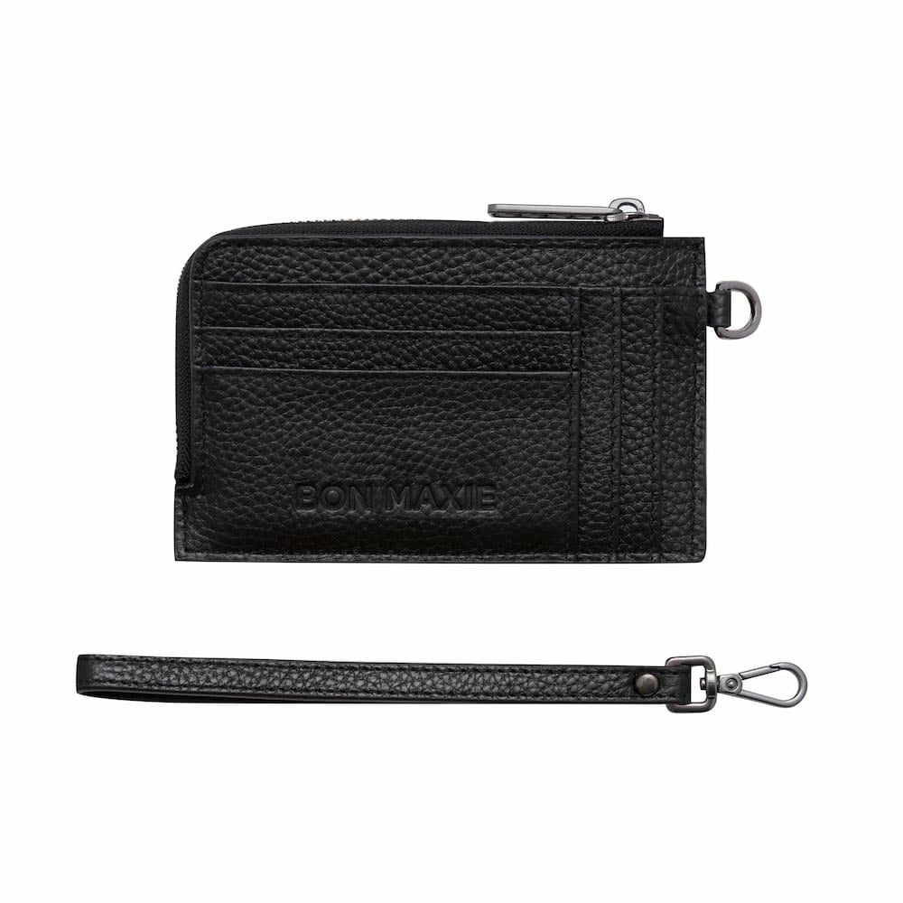 Leather Mini Wallet, Black, Small Zip Compact Slim Wallet | BON MAXIE