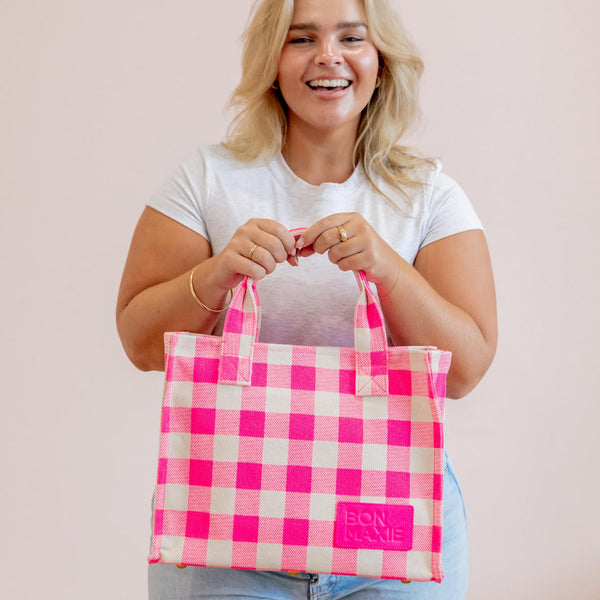 Mini Bon Vivant Tote Bag in Neon Pink Gingham - Mini Carry-All | Bon ...