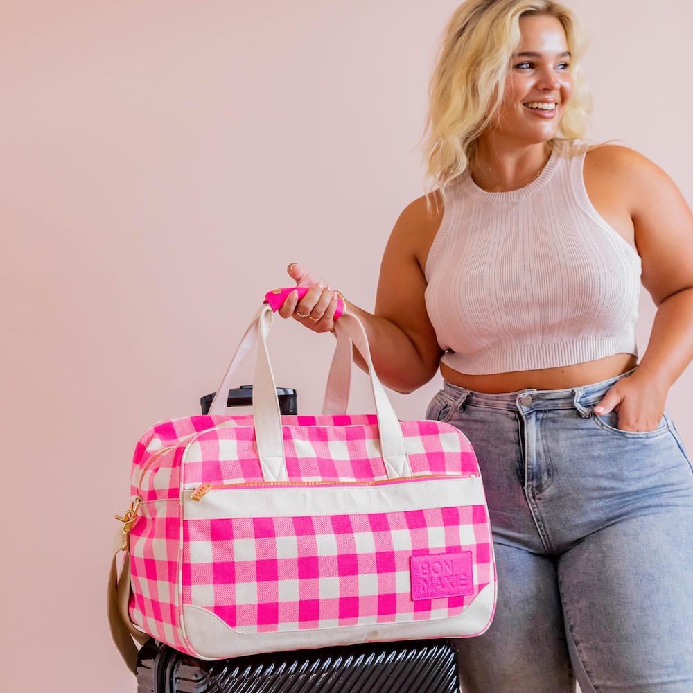 Bon Voyage Weekender Bag - Neon Pink Gingham - Canvas Overnight Bag ...