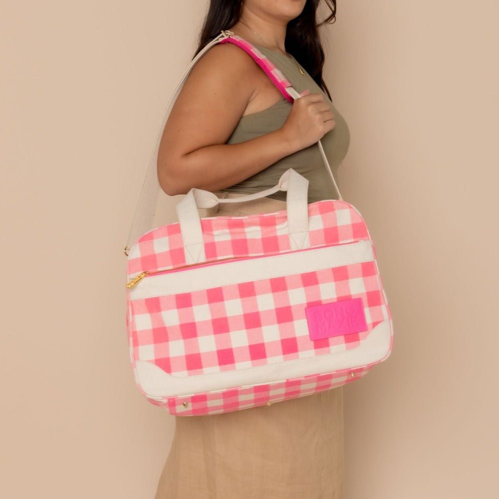 Bon Voyage Weekender Bag - Neon Pink Gingham - Canvas Overnight Bag ...