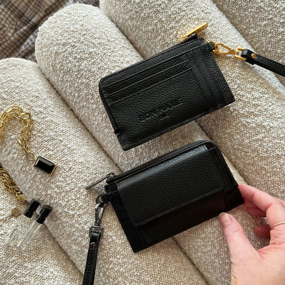 Leather Mini Wallet, Black, Small Zip Compact Slim Wallet | BON MAXIE